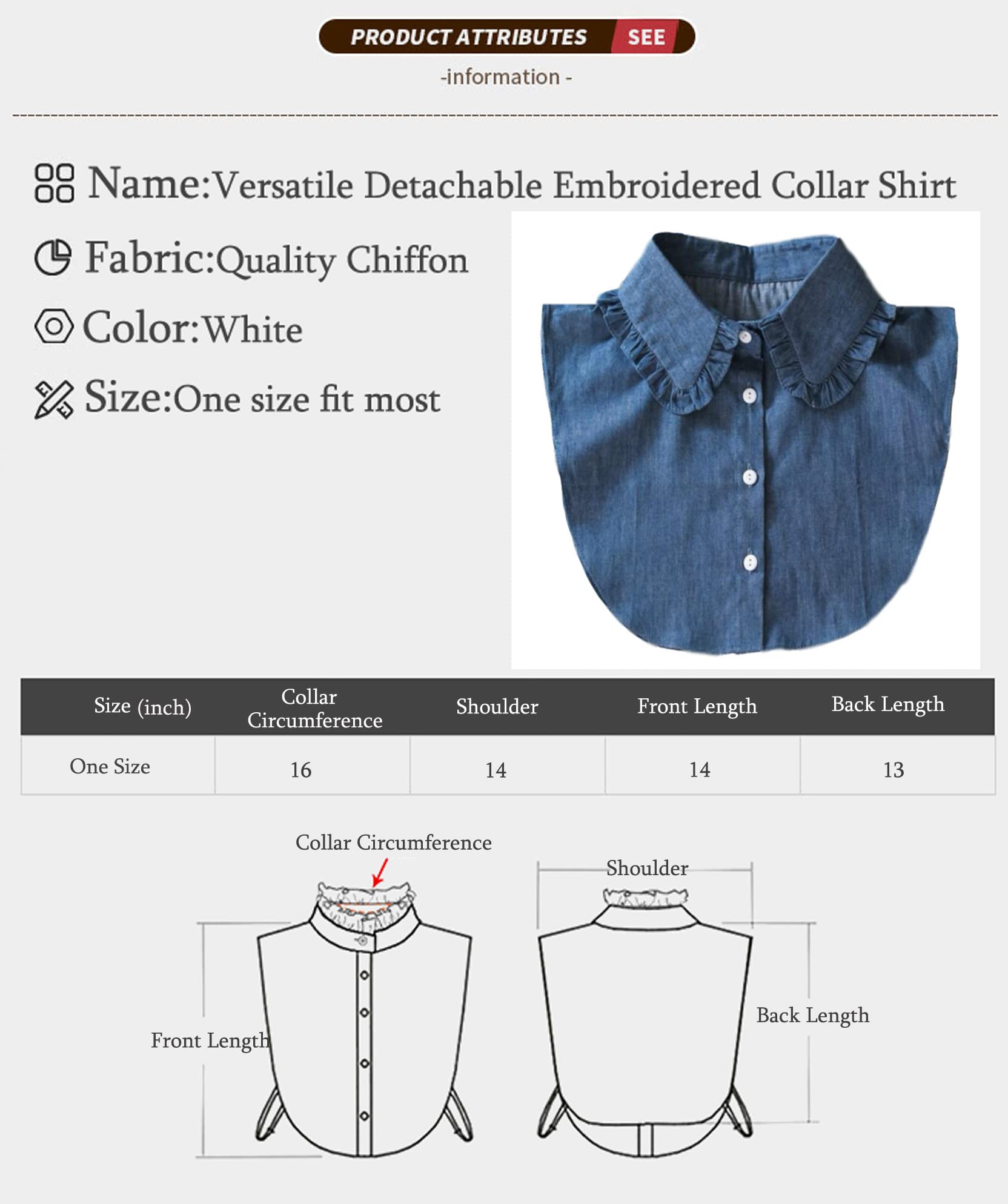 GUZOSJO Denim Detachable Collar Shirt,Dickey Half Blouse False Collar for Lady Girls