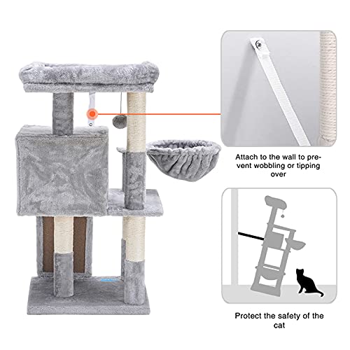 Hey-brother Cat Tree with Sisal Scratching Posts, Cat Tower with Scratching Board,Multi-Level Cat Condo with Basket,Light Grey MPJ014W