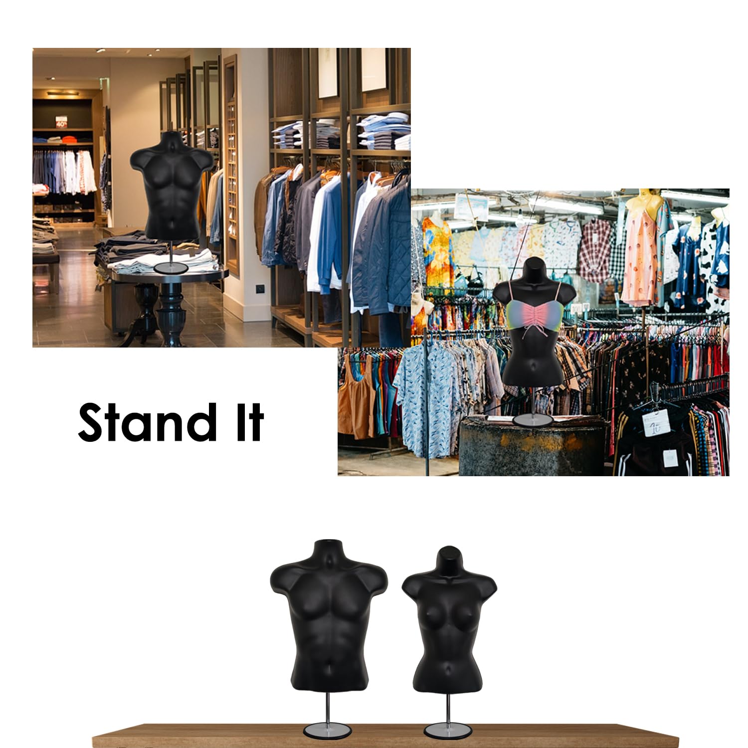 DisplayTown 2 Black Male Mannequin Hollow Back Body Torso Set w/ Clothes Clips, Metal Stands and Metal Poles & Hanging Hooks, S-M Sizes
