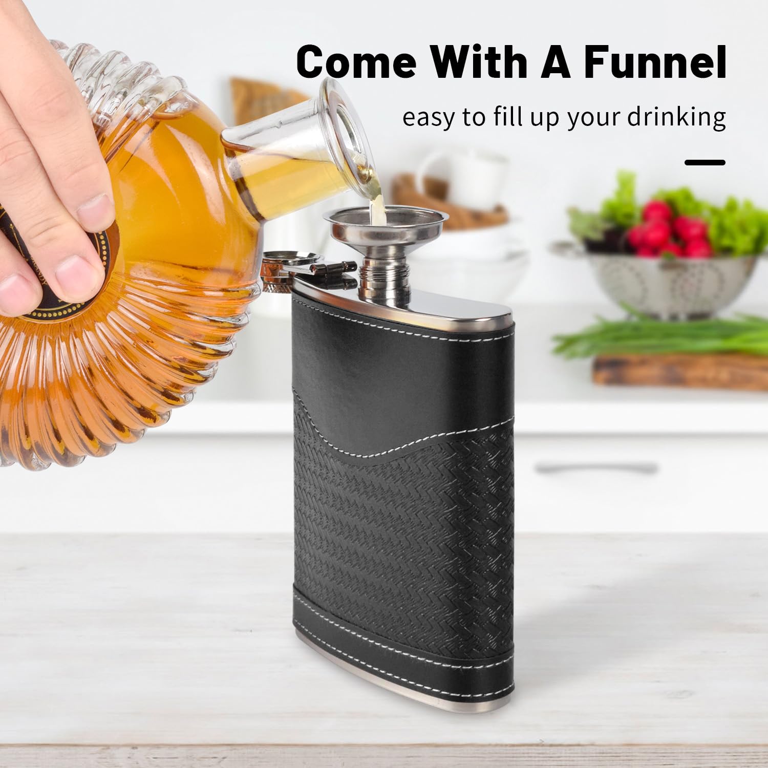LHD HOME Hip Flasks for Men Leather Hip Flask Gift Set,Hip Flask 304 Stainless Steel Flask Set w/Funnel Shot Glasses Gift for Whiskey Rum Groomsman Best Man Usher Wedding-Leather Stripe Black-8oz