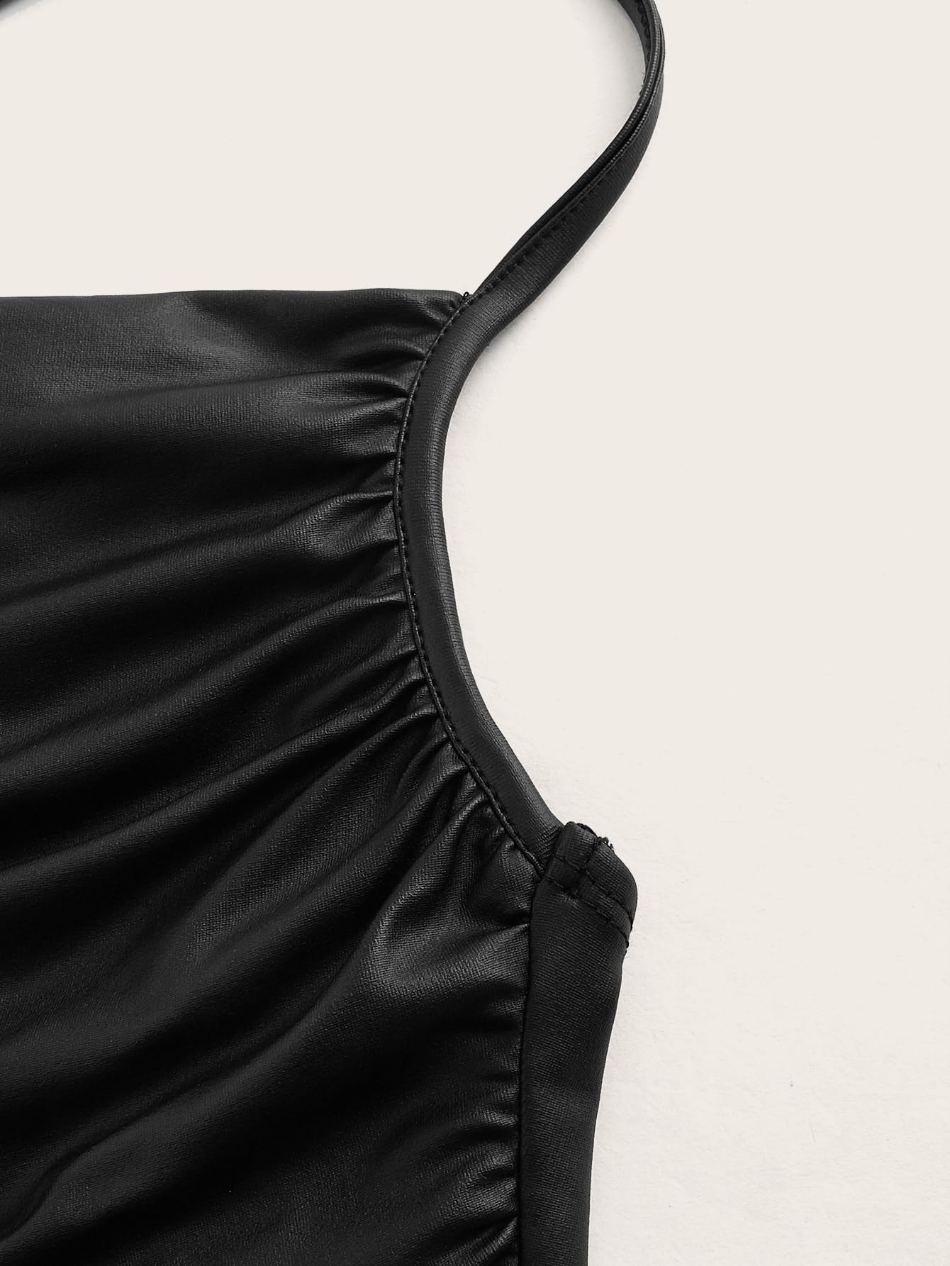 Floerns Women's PU Leather Crisscross Backless Cowl Neck Draped Crop Cami Top Black L
