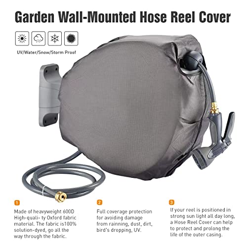 Guitrees Retractable Garden Hose Reel 1/2” 150FT+6FT With Cover, Slow Return System, Any Length Lock, Wall Mounted, 9 Function Nozzle and 180°Swivel Bracket (Grey)
