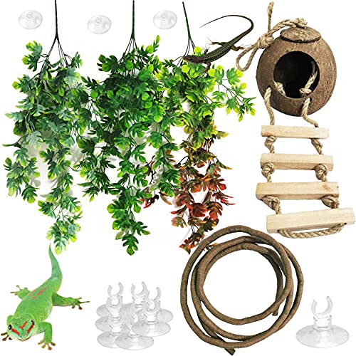 kathson Lizard Coco Den Gecko Coconut Husk Hut with Ladder Reptile Terrarium Plants Decor Hanging Lizards Hideouts Habitat Climbing Decorations Jungle Climber Vines for Chameleon 5 Pack
