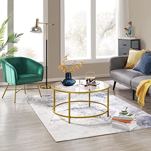 Yaheetech 36in Round Glass-Top Coffee Table,Mustard Gold Modern Accent Side Round Coffee Table w/Protective Foot Pads, Metal Structure Glass Coffee Table for Living Room,Dining, Apartment,Small Space