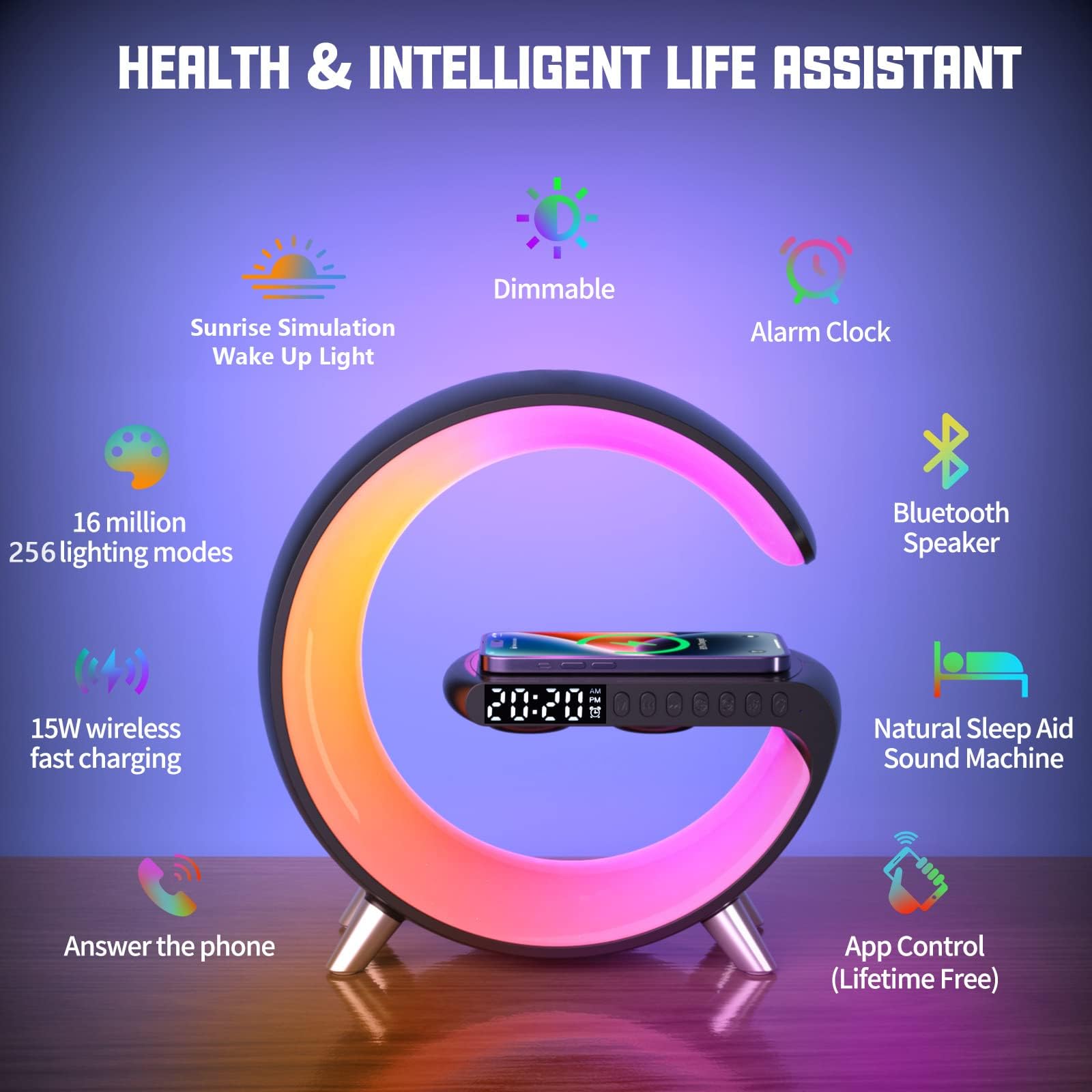 Wireless Charger Atmosphere Lamp, 2025 New Intelligent LED Table Lamp, Bluetooth Speaker, Dimmable Night Light Bedside Lamp Alarm Clock with Music Sync, App Control for Bedroom Home Decor Gift (Black)