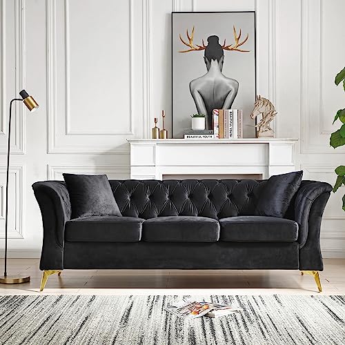 kevinplus 84'' Chesterfield Sofa Couch for Living Room, Modern Velvet 3-Seat Upholstered Sofa Couch for Apartment Bedroom Dorm Office, Strong Gold Metal Legs, 2 Pillows, Black