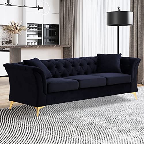 kevinplus 84'' Chesterfield Sofa Couch for Living Room, Modern Velvet 3-Seat Upholstered Sofa Couch for Apartment Bedroom Dorm Office, Strong Gold Metal Legs, 2 Pillows, Black