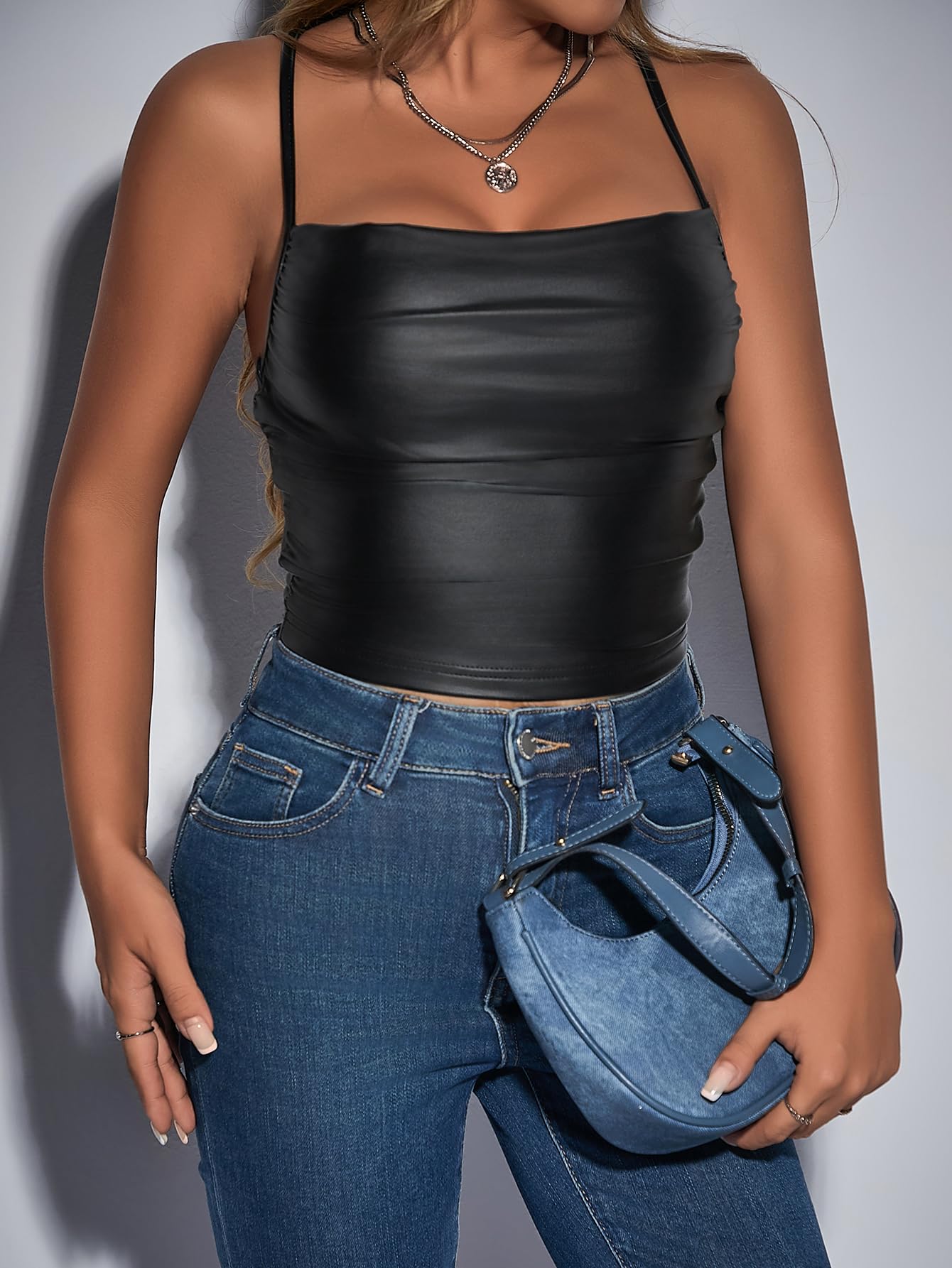 Floerns Women's PU Leather Crisscross Backless Cowl Neck Draped Crop Cami Top Black L