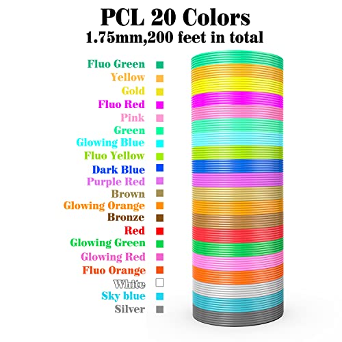 3D Printing Pen PCL Filament Refills 1.75mm, Pack of 20 Colors, Low Melting Temp of 70β, High-Precision Diameter, Non-Toxic Non-Clogging (200 FT)