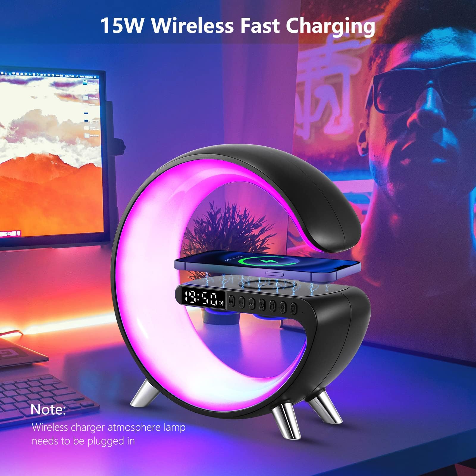 Wireless Charger Atmosphere Lamp, 2025 New Intelligent LED Table Lamp, Bluetooth Speaker, Dimmable Night Light Bedside Lamp Alarm Clock with Music Sync, App Control for Bedroom Home Decor Gift (Black)