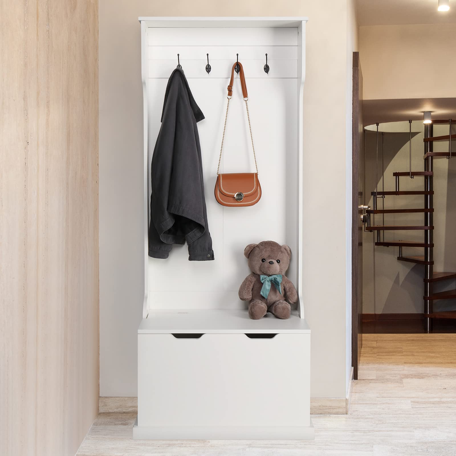 Karl home Hall Tree with Storage Bench, 3-in-1 Freestanding Coat Rack Clothes Stand with 4 Hooks Wooden Flip Cover Seat Space Saving for Bedroom Hallway Livingroom 67" H Simple White