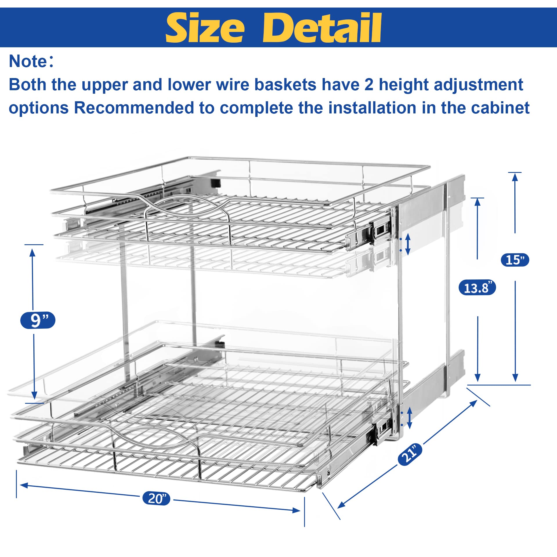 SIMCAS 2 Tier Individual Pull Out Cabinet Organizer 20" W x 21" D, Slide Out Kitchen Cabinet Storage Sliding Shelves, Heavy-Duty Wire Basket for Pantry Kitchen Cabinet Organizers and Storage, Chrome