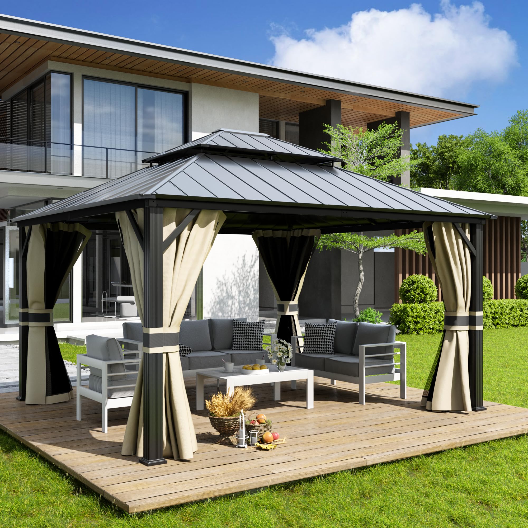 Amopatio 12' X 14' Hardtop Gazebo Permanent Aluminum Gazebos with Galvanized Steel Double Roof for Patio Lawn and Garden,with Curtains & Mosquito Netting