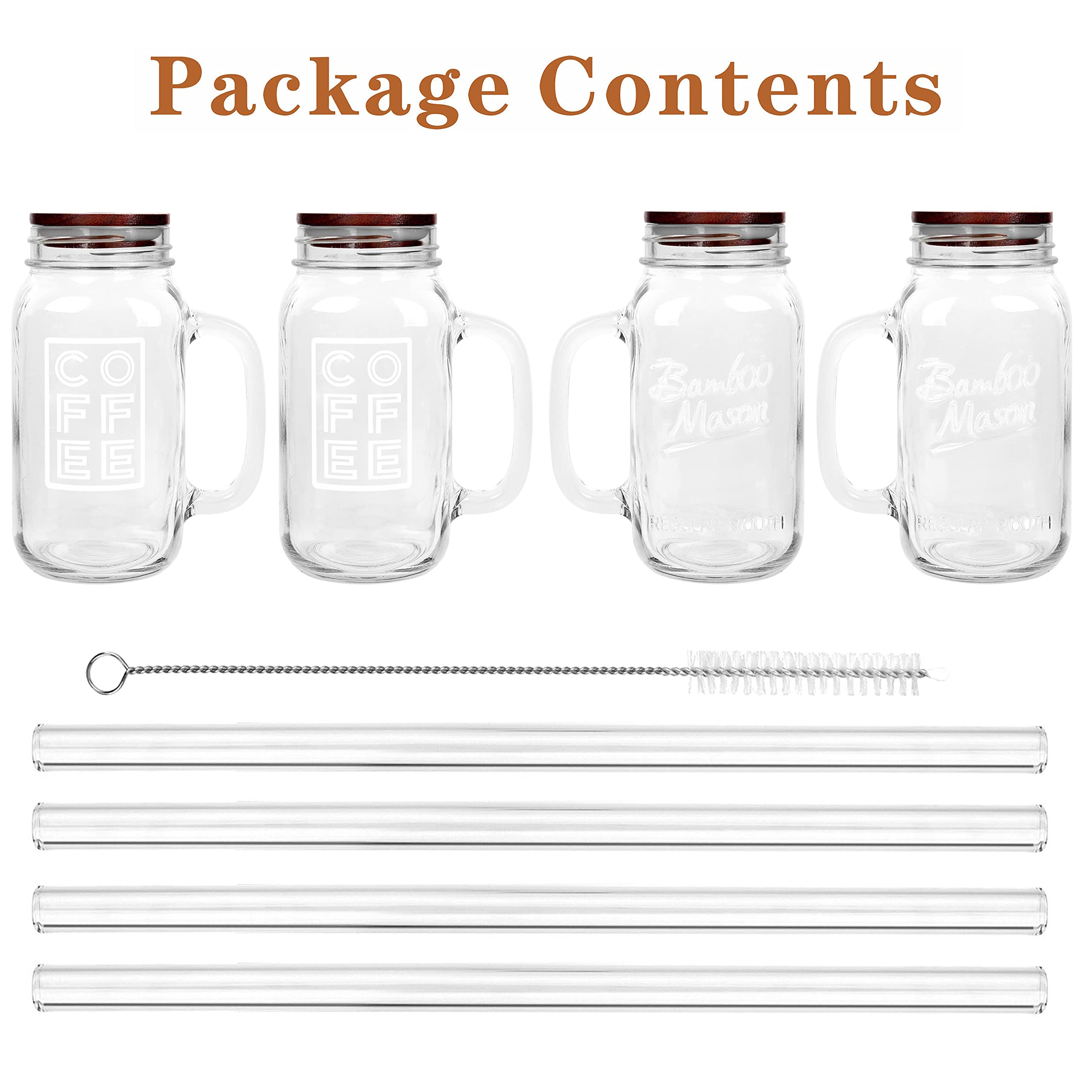ANOTION Mason Jar Iced Coffee Cup with Handle, 24oz Regular Mouth Mason Jars with Lid and Straw Glass Coffee Drinking Glasses Tumbler Reusable Cups Bottles for Travel Office Home