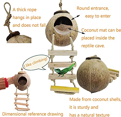 kathson Lizard Coco Den Gecko Coconut Husk Hut with Ladder Reptile Terrarium Plants Decor Hanging Lizards Hideouts Habitat Climbing Decorations Jungle Climber Vines for Chameleon 5 Pack
