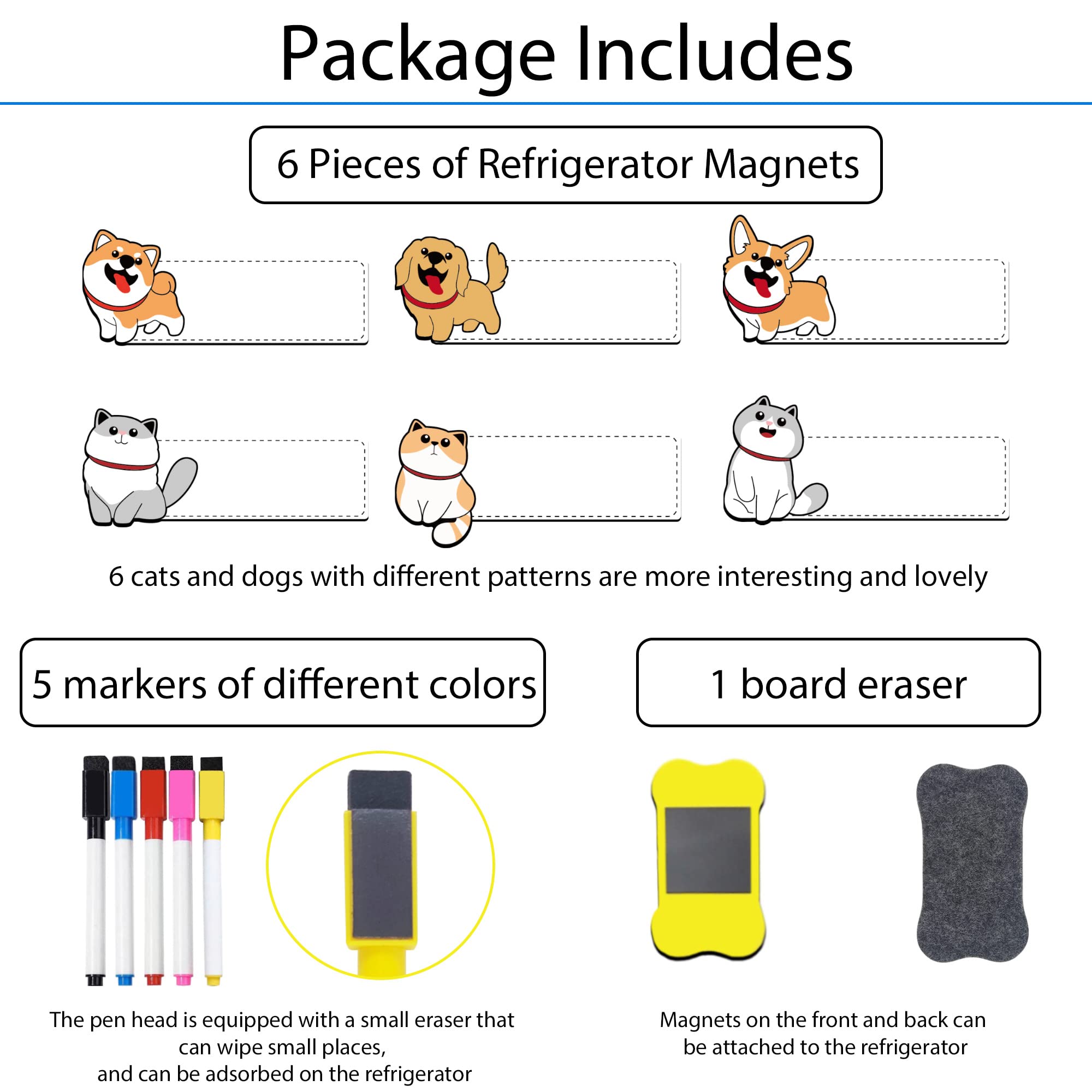 Magnetic Dry Erase Whiteboard for Fridge(Set of 6),Cats and Dogs Funny Magnetic,Small Magnet Fridge Message Boards for Kitchen Refrigerator Reminder Sticker, Planner, Grocery List