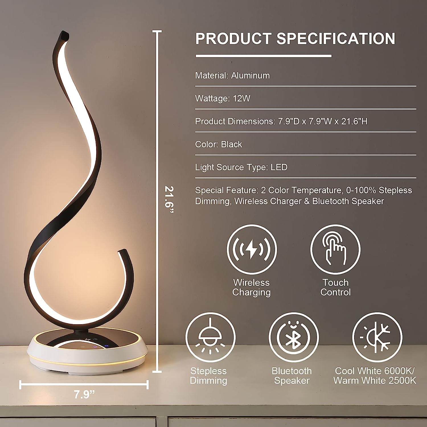 EIDEARAY Bedside Table LED Night Light with Wireless Charger and Bluetooth Speaker, Touch Control Stepless Dimmable Spiral Table Lamps for Bedroom,Great Birthday for Girlfriend, Women, Mom, Men
