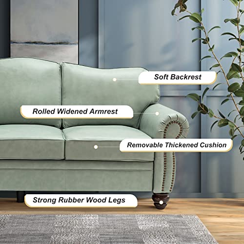 HULALA HOME 81'' Upholstered Leather Sofa with Nailhead Trim and Rolled Armrests, Mid-Century Modern Living Room 3-Seater Couch, Sage Couch with Removable Cushion for Bedroom Apartment