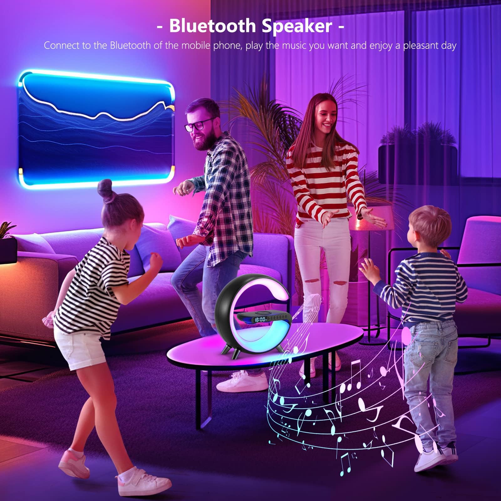 Wireless Charger Atmosphere Lamp, 2025 New Intelligent LED Table Lamp, Bluetooth Speaker, Dimmable Night Light Bedside Lamp Alarm Clock with Music Sync, App Control for Bedroom Home Decor Gift (Black)