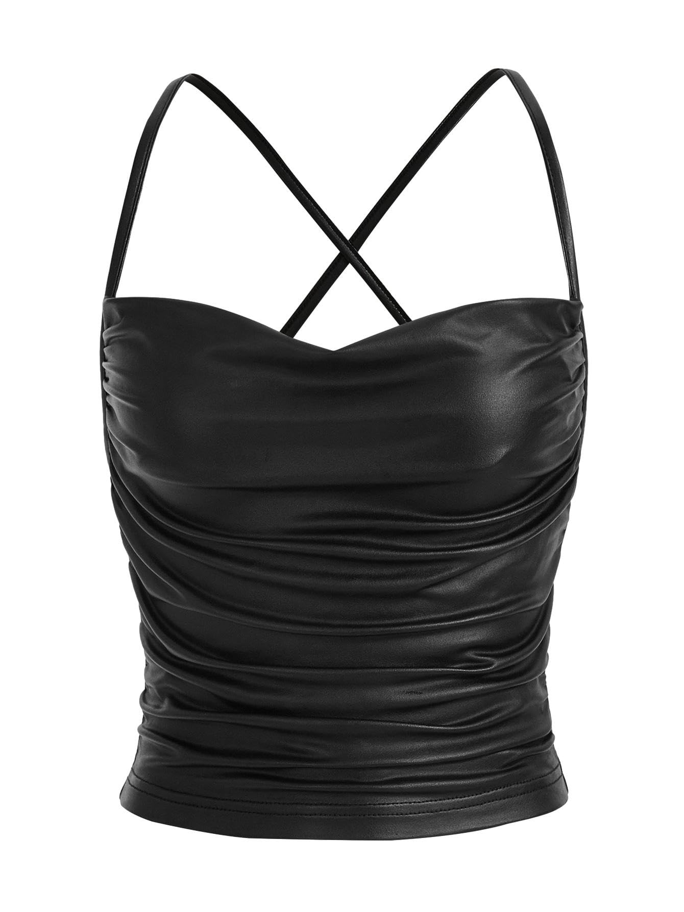 Floerns Women's PU Leather Crisscross Backless Cowl Neck Draped Crop Cami Top Black L