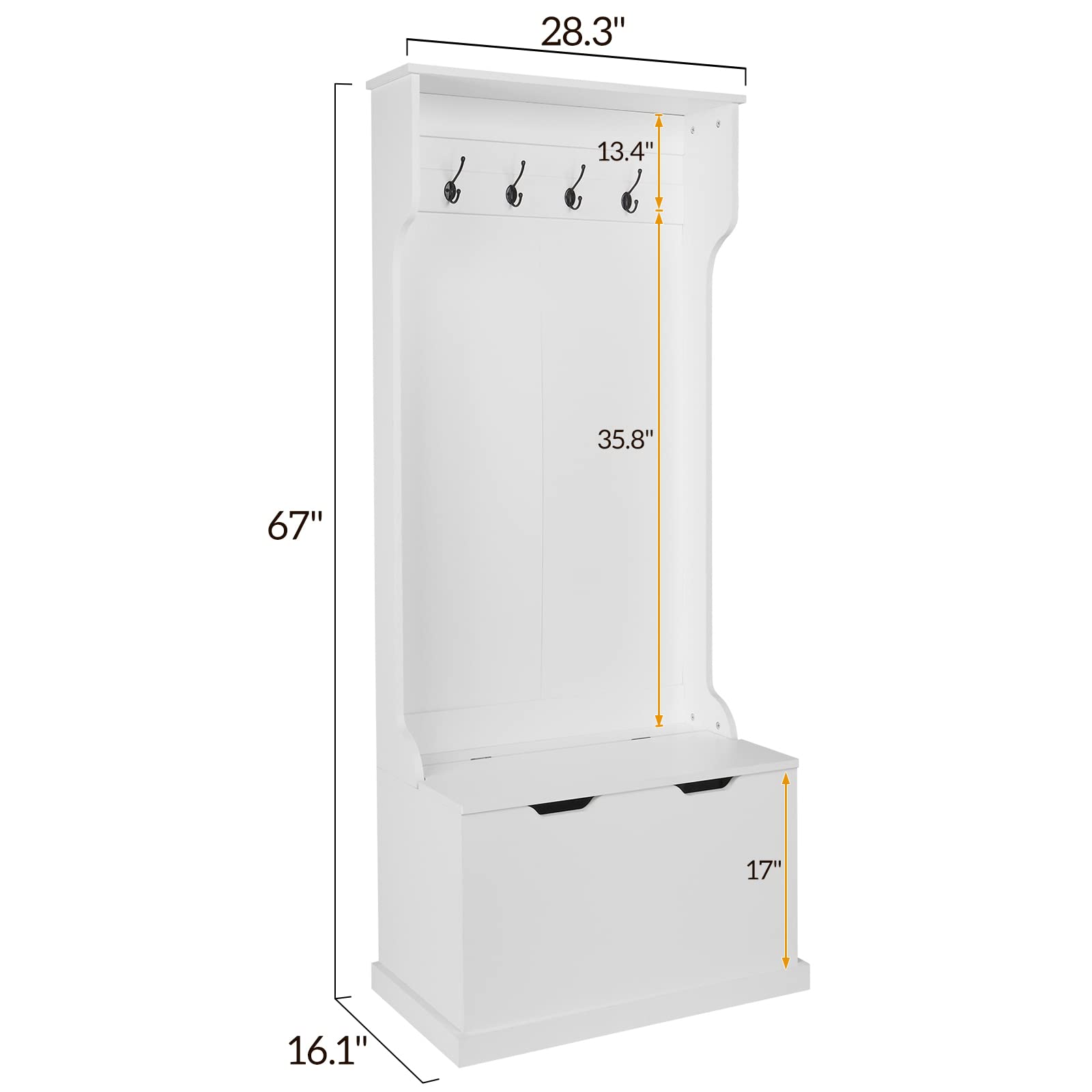 Karl home Hall Tree with Storage Bench, 3-in-1 Freestanding Coat Rack Clothes Stand with 4 Hooks Wooden Flip Cover Seat Space Saving for Bedroom Hallway Livingroom 67" H Simple White