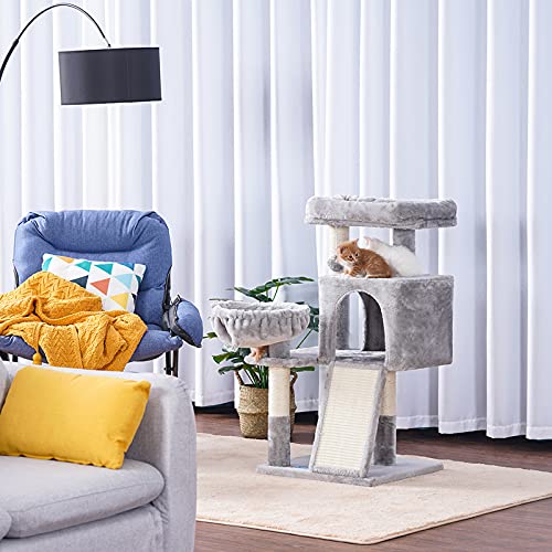 Hey-brother Cat Tree with Sisal Scratching Posts, Cat Tower with Scratching Board,Multi-Level Cat Condo with Basket,Light Grey MPJ014W