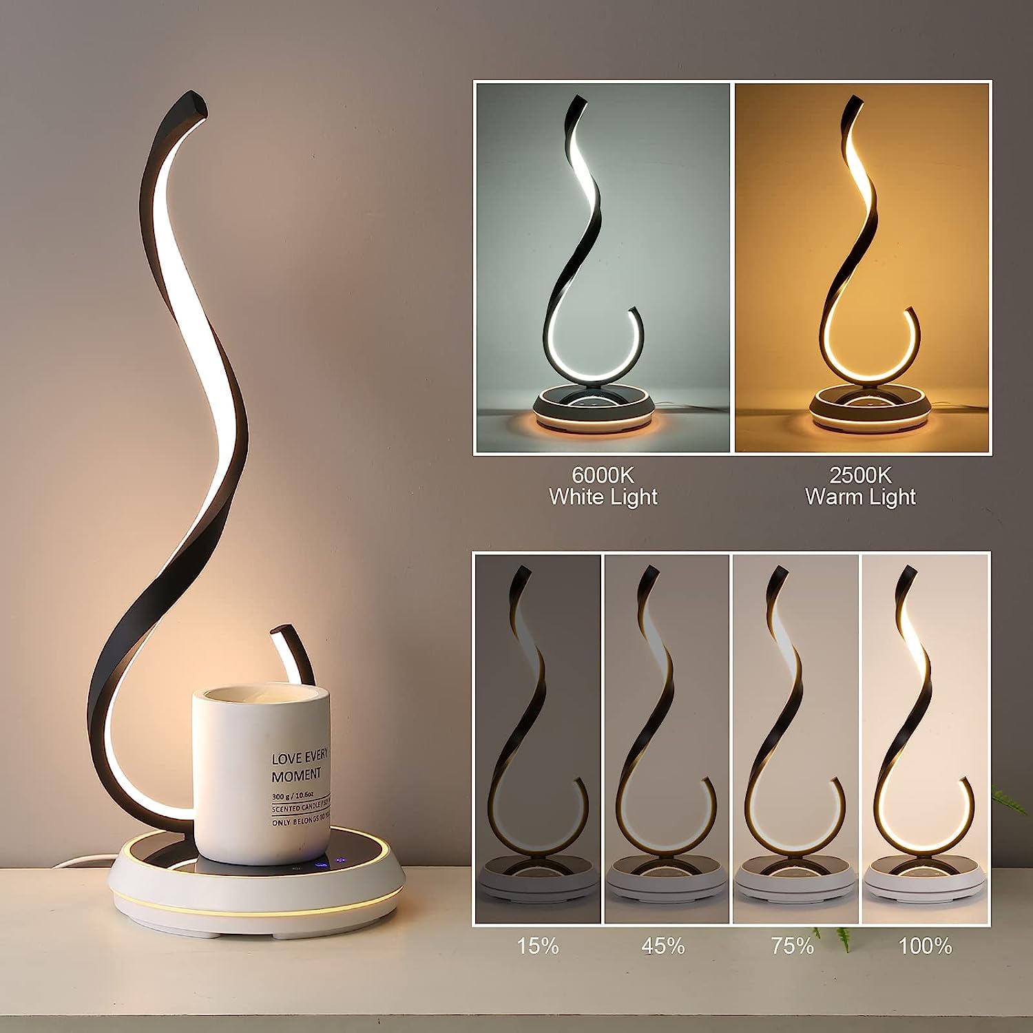 EIDEARAY Bedside Table LED Night Light with Wireless Charger and Bluetooth Speaker, Touch Control Stepless Dimmable Spiral Table Lamps for Bedroom,Great Birthday for Girlfriend, Women, Mom, Men