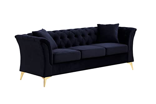 kevinplus 84'' Chesterfield Sofa Couch for Living Room, Modern Velvet 3-Seat Upholstered Sofa Couch for Apartment Bedroom Dorm Office, Strong Gold Metal Legs, 2 Pillows, Black