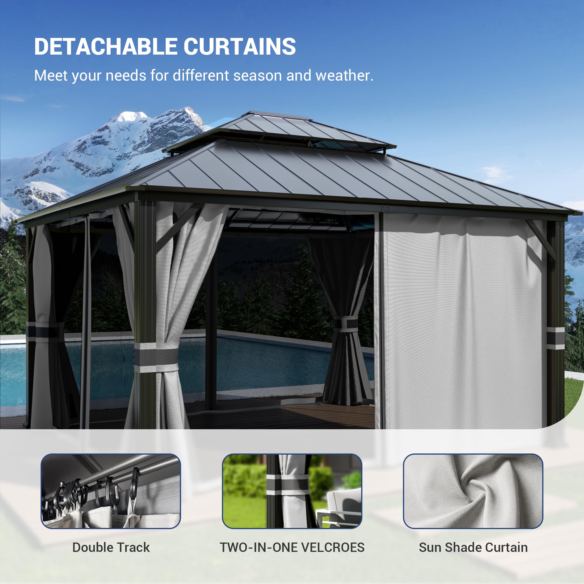 Amopatio 12' X 14' Hardtop Gazebo Permanent Aluminum Gazebos with Galvanized Steel Double Roof for Patio Lawn and Garden,with Curtains & Mosquito Netting