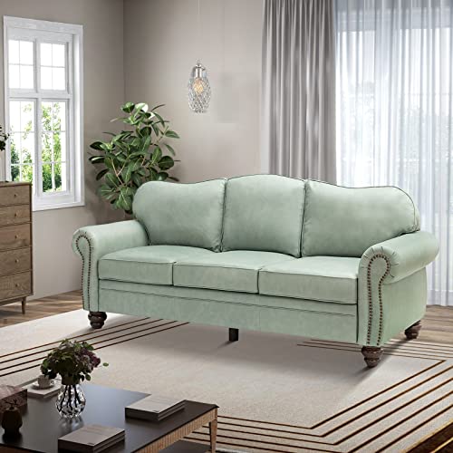 HULALA HOME 81'' Upholstered Leather Sofa with Nailhead Trim and Rolled Armrests, Mid-Century Modern Living Room 3-Seater Couch, Sage Couch with Removable Cushion for Bedroom Apartment