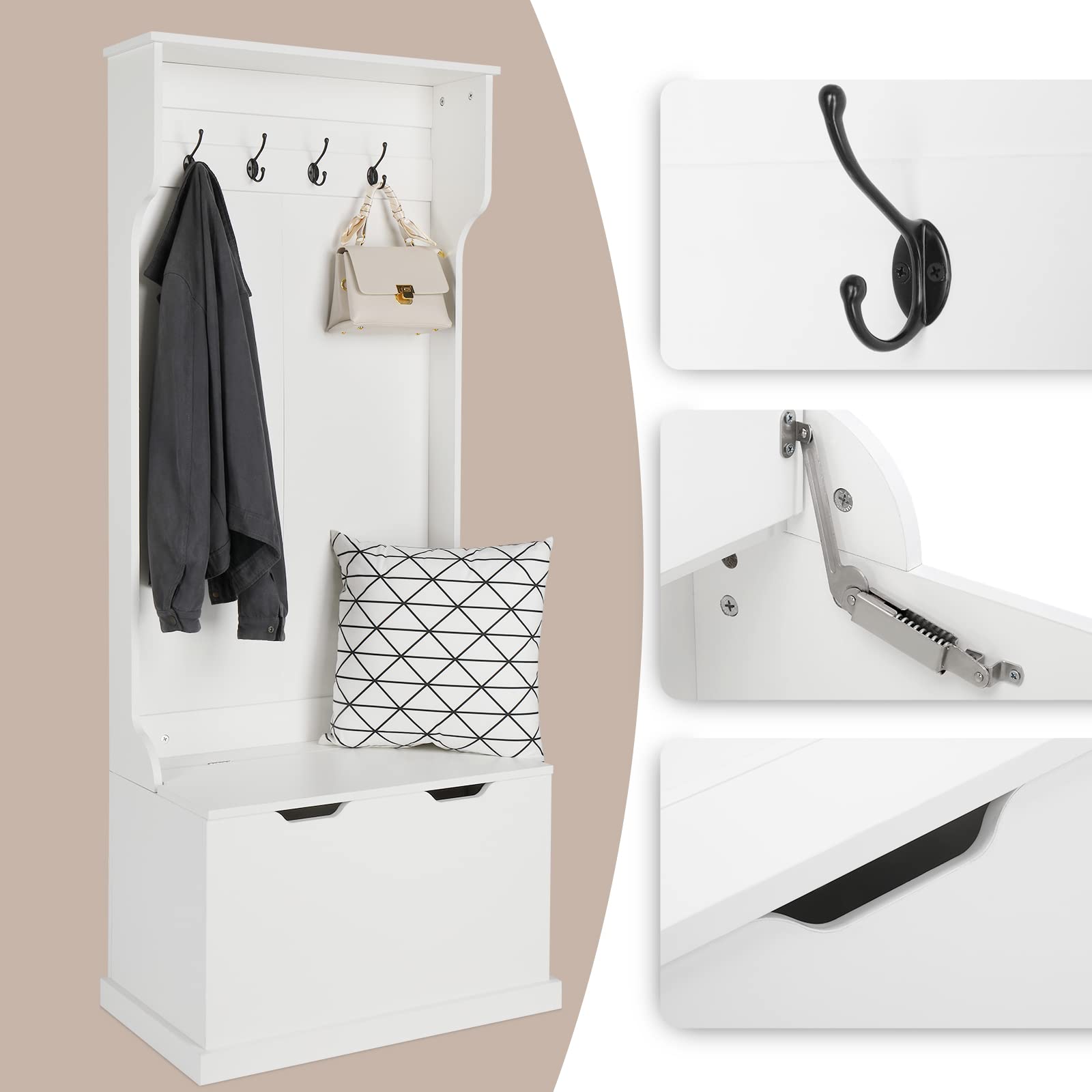 Karl home Hall Tree with Storage Bench, 3-in-1 Freestanding Coat Rack Clothes Stand with 4 Hooks Wooden Flip Cover Seat Space Saving for Bedroom Hallway Livingroom 67" H Simple White