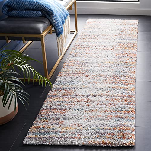 SAFAVIEH Berber Shag Collection Runner Rug - 2'3" x 12', Blue Rust & Ivory, Stripe Design, Non-Shedding & Easy Care, 1.25-inch Thick Ideal for High Traffic Areas in Living Room, Bedroom (BER565A)
