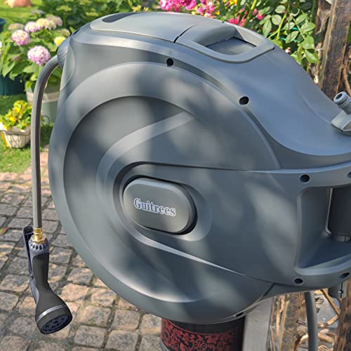 Guitrees Retractable Garden Hose Reel 1/2” 150FT+6FT With Cover, Slow Return System, Any Length Lock, Wall Mounted, 9 Function Nozzle and 180°Swivel Bracket (Grey)