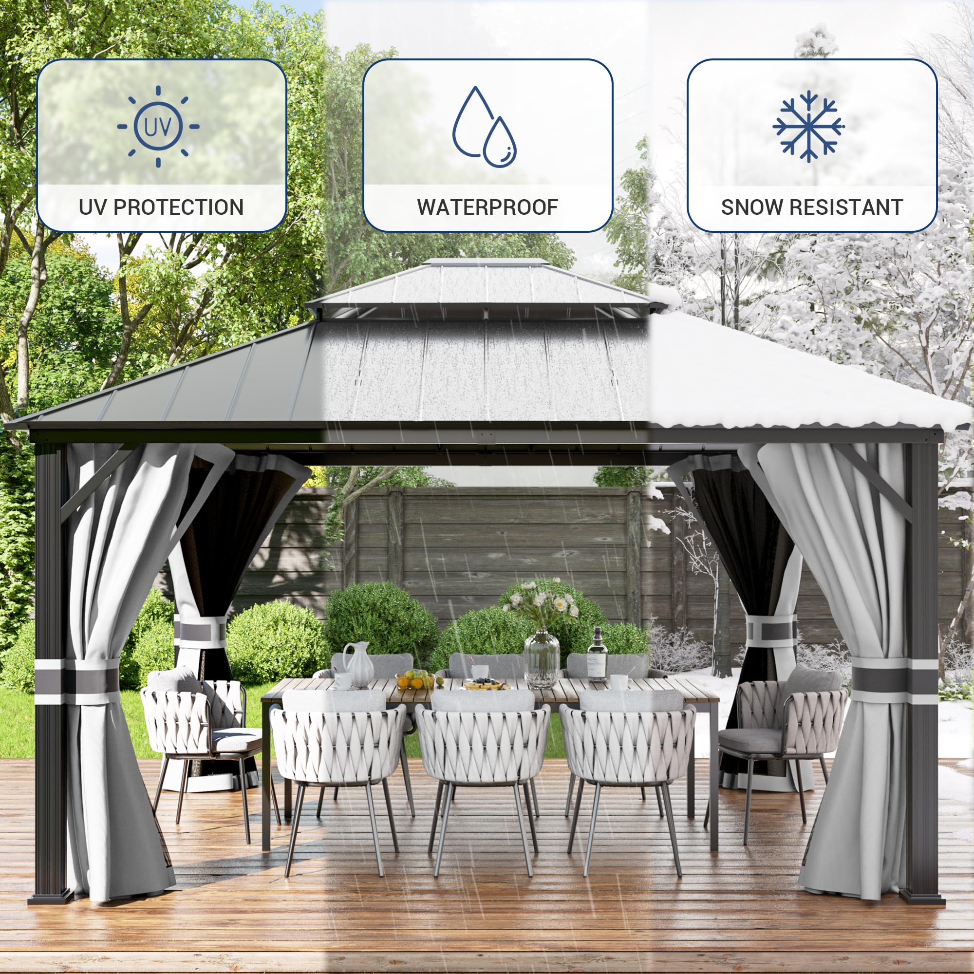 Amopatio 12' X 14' Hardtop Gazebo Permanent Aluminum Gazebos with Galvanized Steel Double Roof for Patio Lawn and Garden,with Curtains & Mosquito Netting