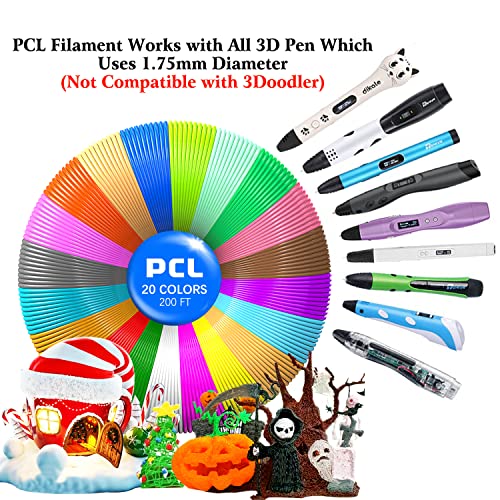 3D Printing Pen PCL Filament Refills 1.75mm, Pack of 20 Colors, Low Melting Temp of 70β, High-Precision Diameter, Non-Toxic Non-Clogging (200 FT)