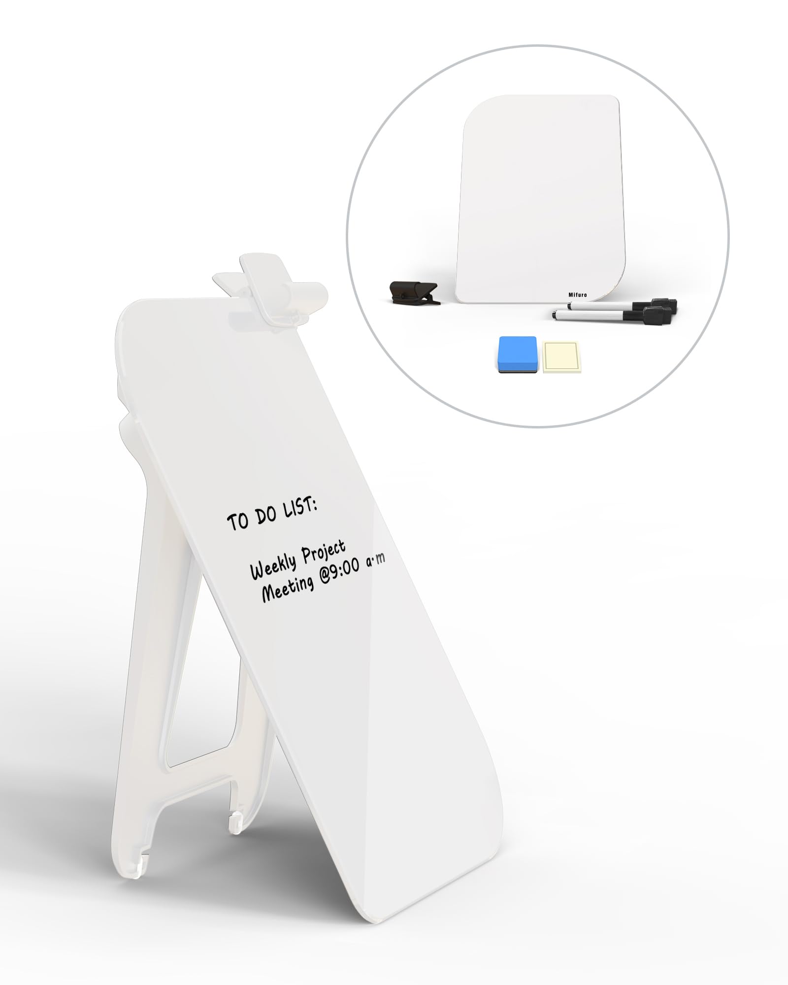 Mifuro 12 x 8 Inches Glass Desktop Whiteboard, Small Dry Erase White Board with Storage Unit, Computer Keyboard Stand, Desk Organizers for Office, Home and School Accessories Supplies (White)…