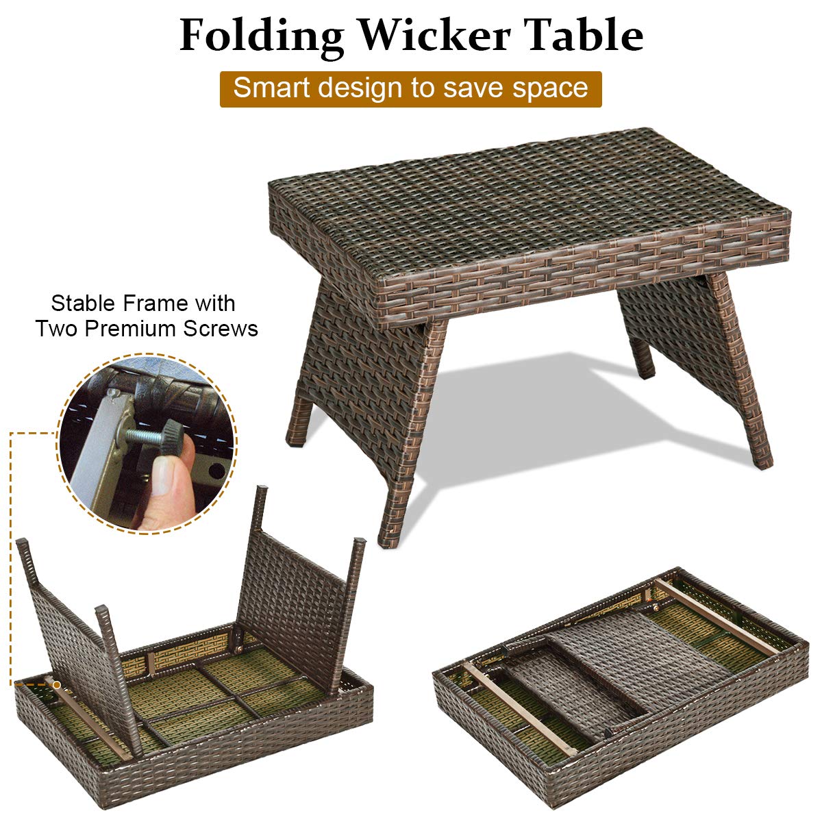 RELAX4LIFE Patio Rattan Side Table - Folding Coffee Table with Premium Brown PE Wicker & High-Duty Steel Frame, Outdoor Beside Table for Garden, Courtyard, Poolside (Brown)