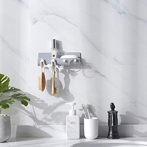 LuoCoCo Plastic Mail Key Holder for Wall, Modern U Shape Letter Shelf Organizer with 4 Hooks and 2 Self Adhesive Tape for Entryway Kitchen Bathroom Office Holding Phones Purse Masks, White/Grey (Grey)