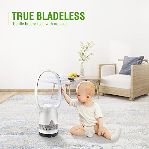 Mitcent Air Purifier Fan 26-Inch, with H12 HEPA Filter, Bladeless Tower Fan for Bedroom, Home and Office, MT1004 White