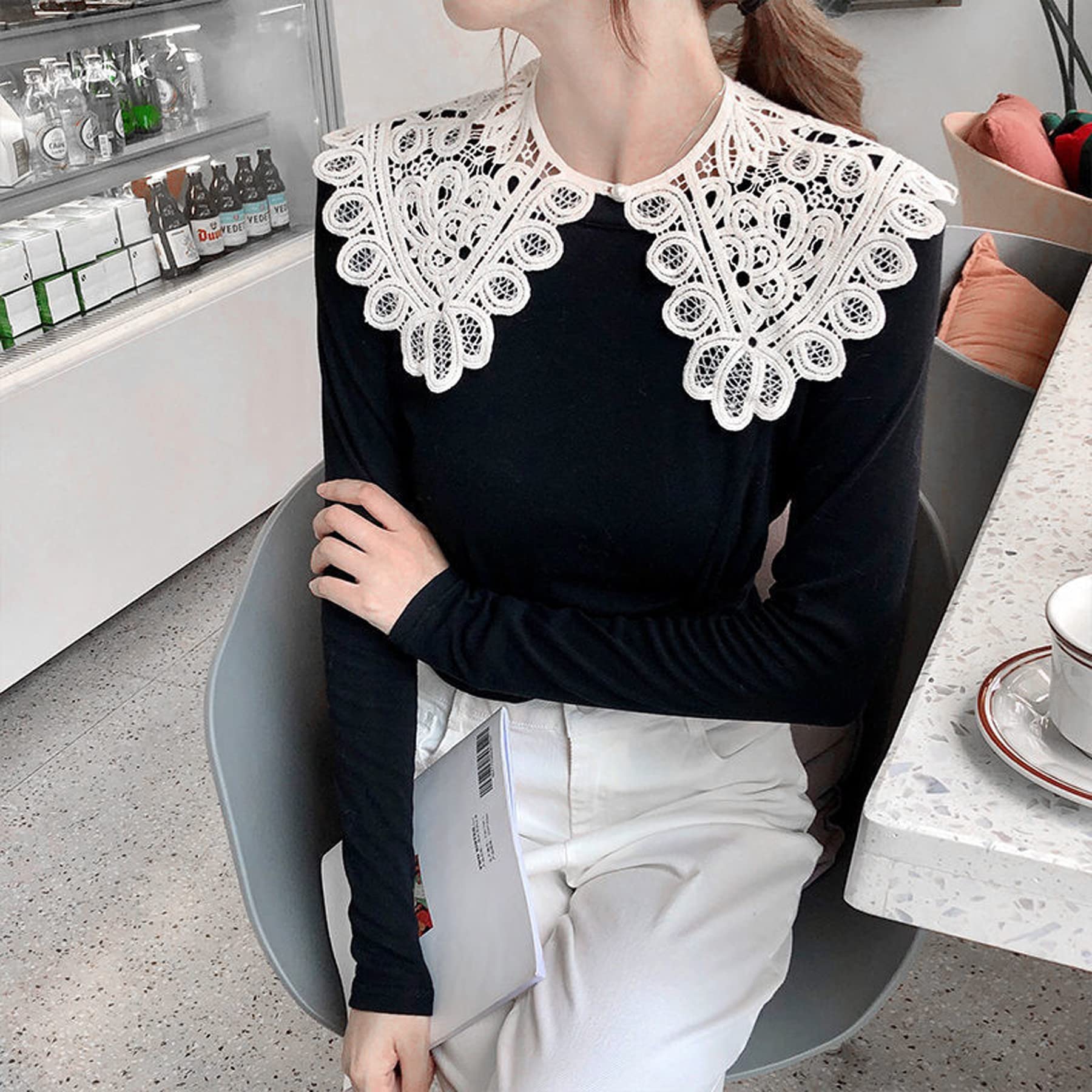 WENLOOY Retro Hollow Out Lace Floral False Collar Detachable Fake Collar for Women Girl C White