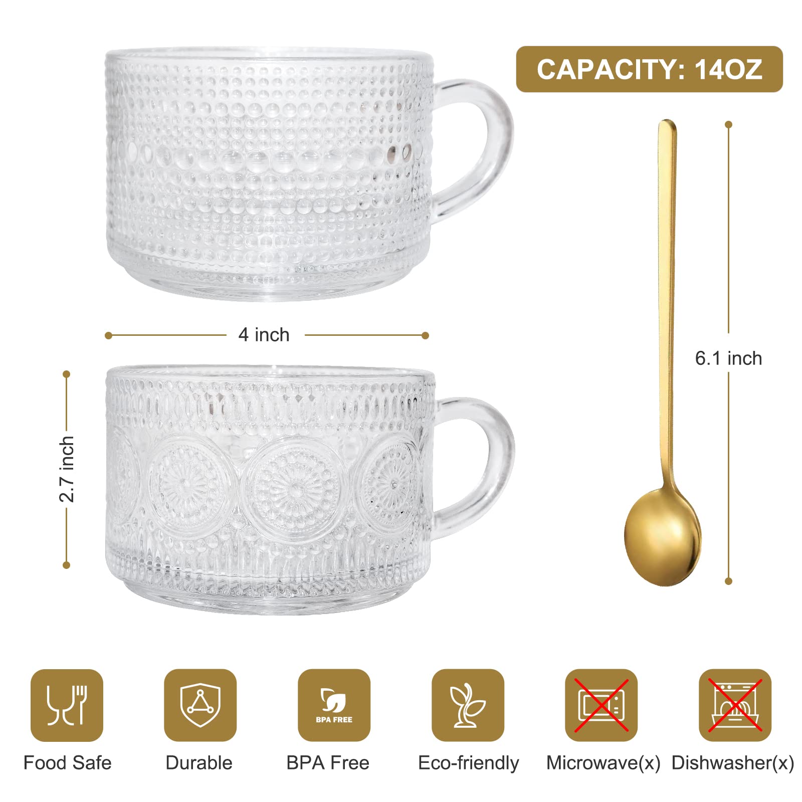 Anbanglin 4Set Vintage Coffee Mugs, Glass Cups with Spoons, 14OZ Elegant Embossed Tea Cups, Glass Coffee Cups for Ice Coffee, Cereal, Yogurt, Ideal Gift