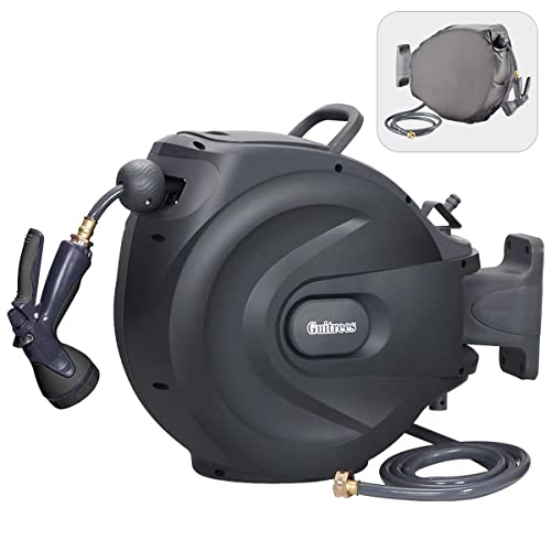 Guitrees Retractable Garden Hose Reel 1/2” 150FT+6FT With Cover, Slow Return System, Any Length Lock, Wall Mounted, 9 Function Nozzle and 180°Swivel Bracket (Grey)
