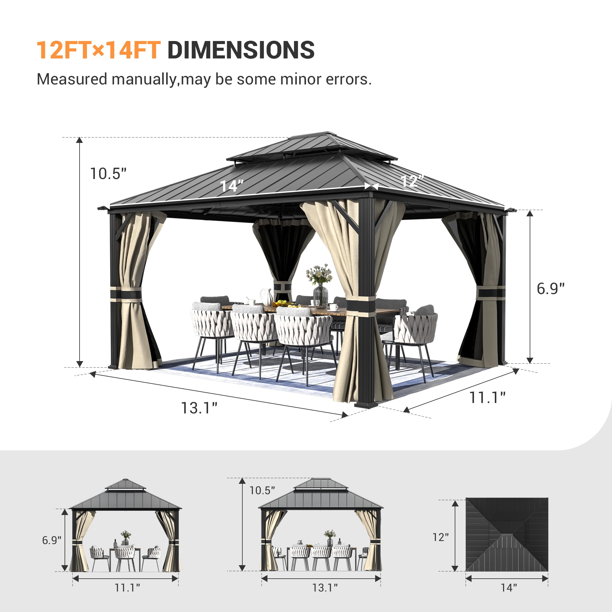 Amopatio 12' X 14' Hardtop Gazebo Permanent Aluminum Gazebos with Galvanized Steel Double Roof for Patio Lawn and Garden,with Curtains & Mosquito Netting