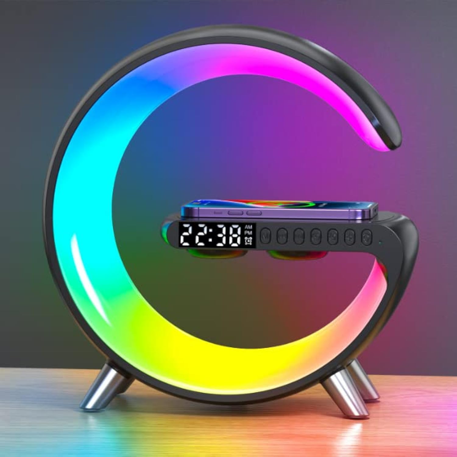 Wireless Charger Atmosphere Lamp, 2025 New Intelligent LED Table Lamp, Bluetooth Speaker, Dimmable Night Light Bedside Lamp Alarm Clock with Music Sync, App Control for Bedroom Home Decor Gift (Black)