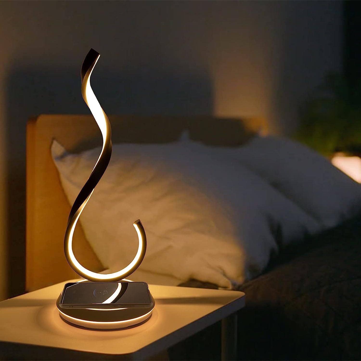 EIDEARAY Bedside Table LED Night Light with Wireless Charger and Bluetooth Speaker, Touch Control Stepless Dimmable Spiral Table Lamps for Bedroom,Great Birthday for Girlfriend, Women, Mom, Men