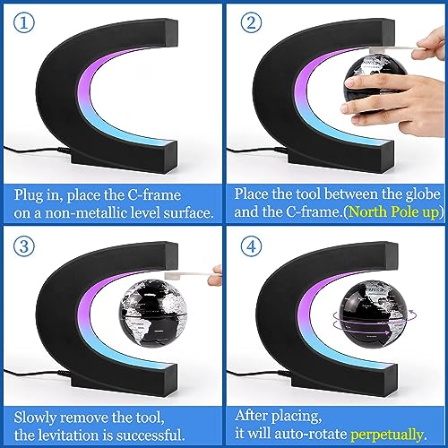 JOWHOL Magnetic Floating Globe with LED Lights, Perpetual Auto-Rotating, 3.3 inch Levitating Globe, Gift for Men Father Boys & Girls, Desk Tech Gadget Decor for Office/Home (Black)