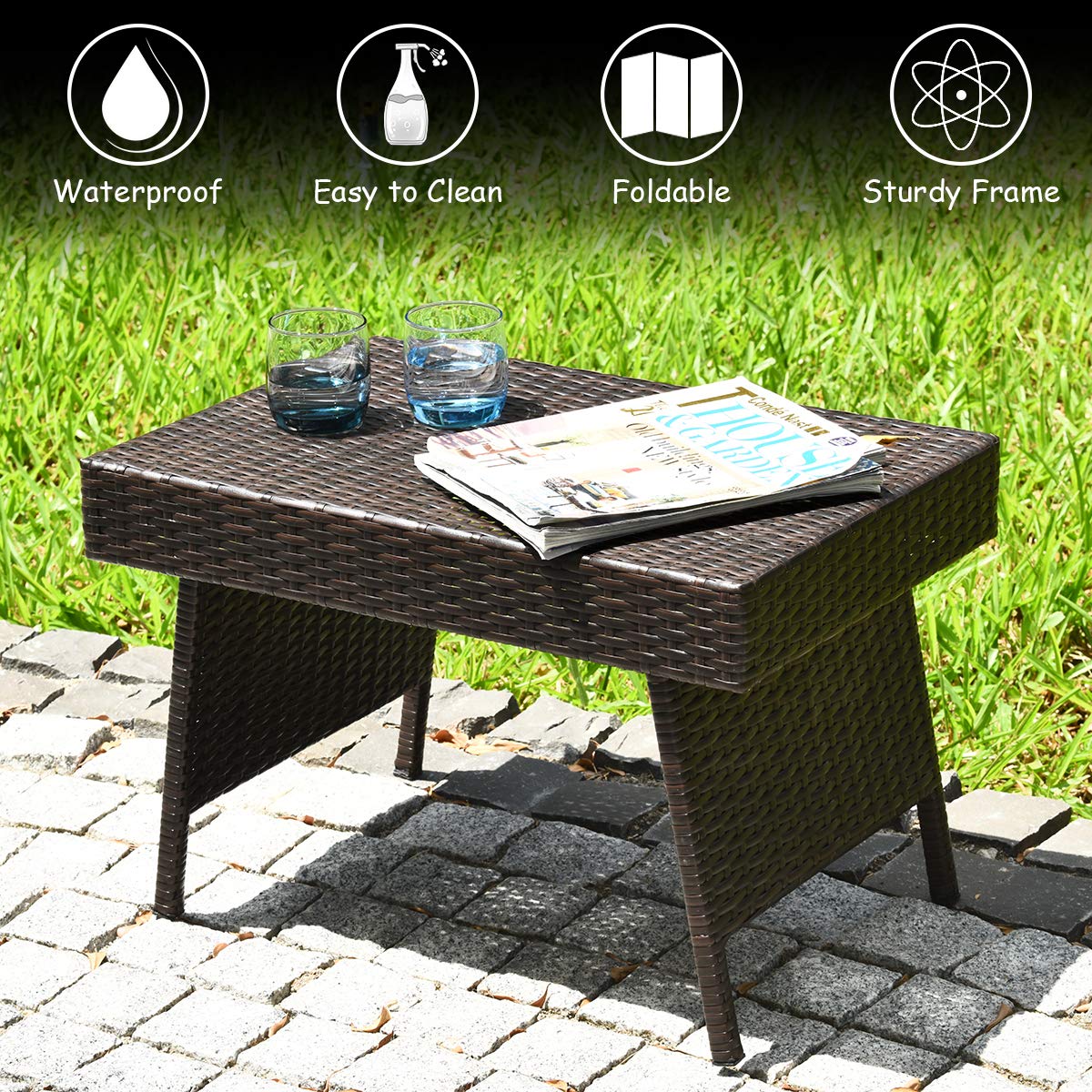 RELAX4LIFE Patio Rattan Side Table - Folding Coffee Table with Premium Brown PE Wicker & High-Duty Steel Frame, Outdoor Beside Table for Garden, Courtyard, Poolside (Brown)