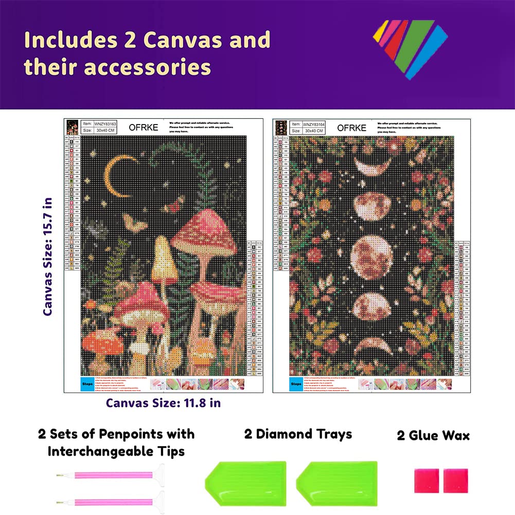 OFRKE 2-Piece Diamond Painting Kits for Adults and Kids,5D DIY Full Drill Round Art Gems Mushroom Forest Diamond Art Perfect for Home Wall Deco Diamond Decor 12"x16"