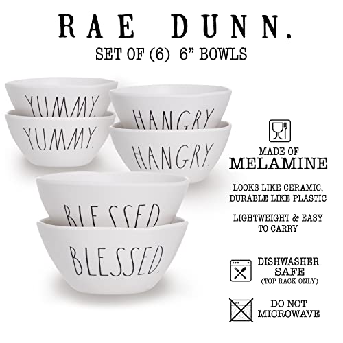 Rae Dunn Melamine Bowl Sets - Durable Dishwasher Safe Dinner/Cereal Bowls Set of 6 (6 inch) Bowl Set for Soup, Cereal, Pasta, Salads