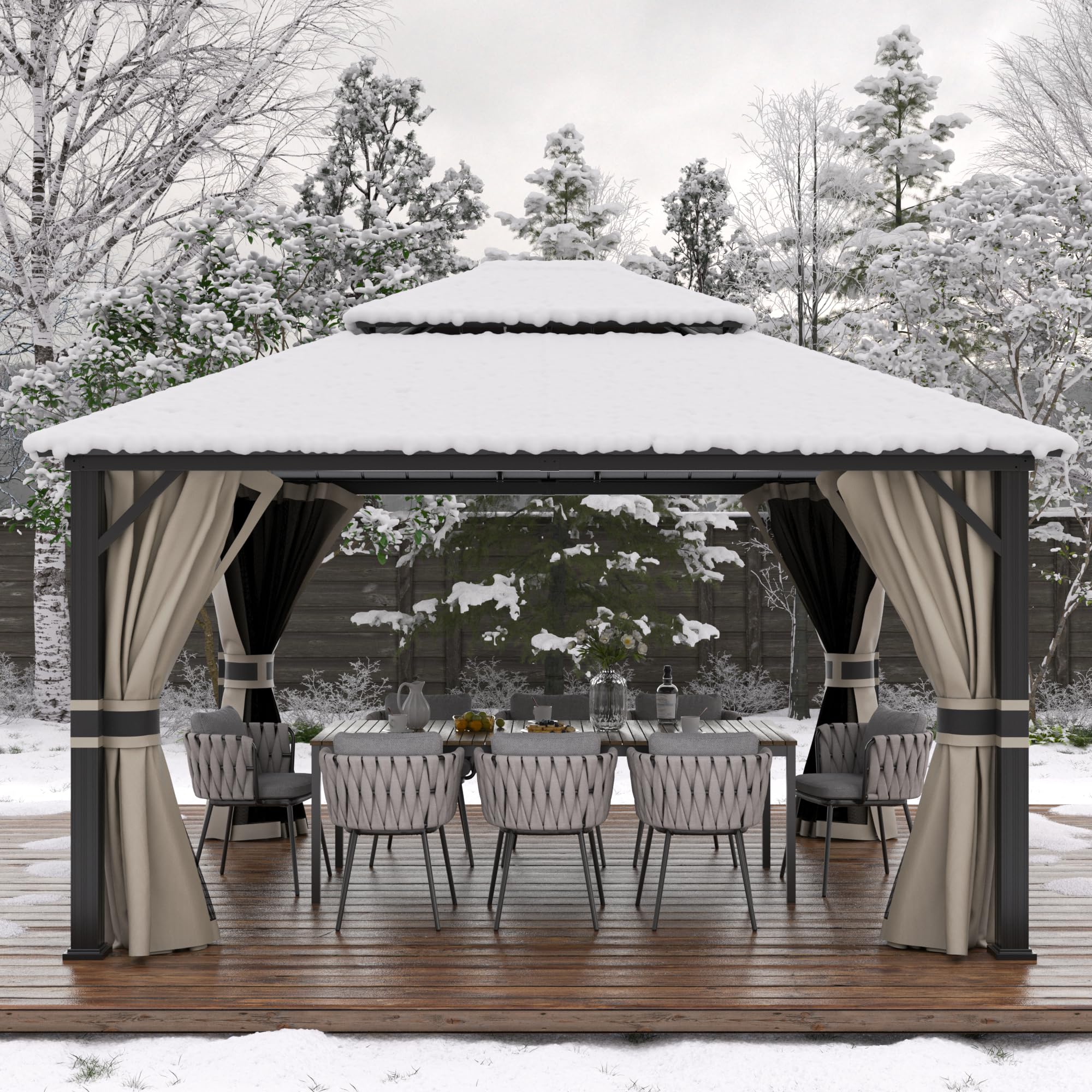 Amopatio 12' X 14' Hardtop Gazebo Permanent Aluminum Gazebos with Galvanized Steel Double Roof for Patio Lawn and Garden,with Curtains & Mosquito Netting